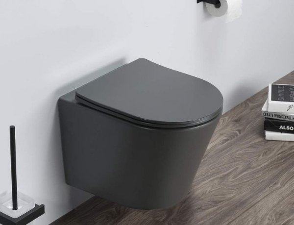 Modern dark grey wall hung rimless space saving toilet in matte